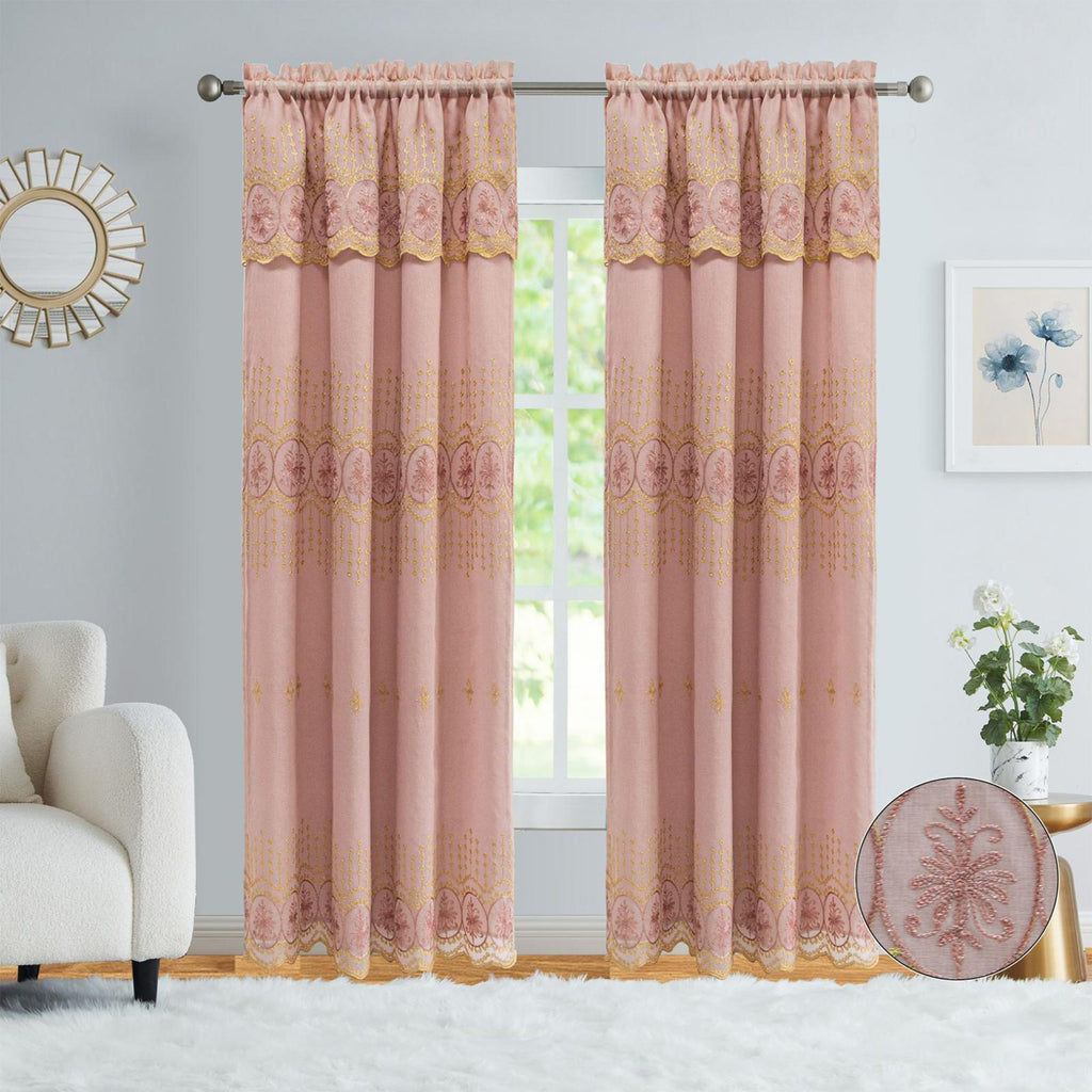 Vanessa Embroidered Rod Pocket Window Curtain Panel with Attached Vala ...