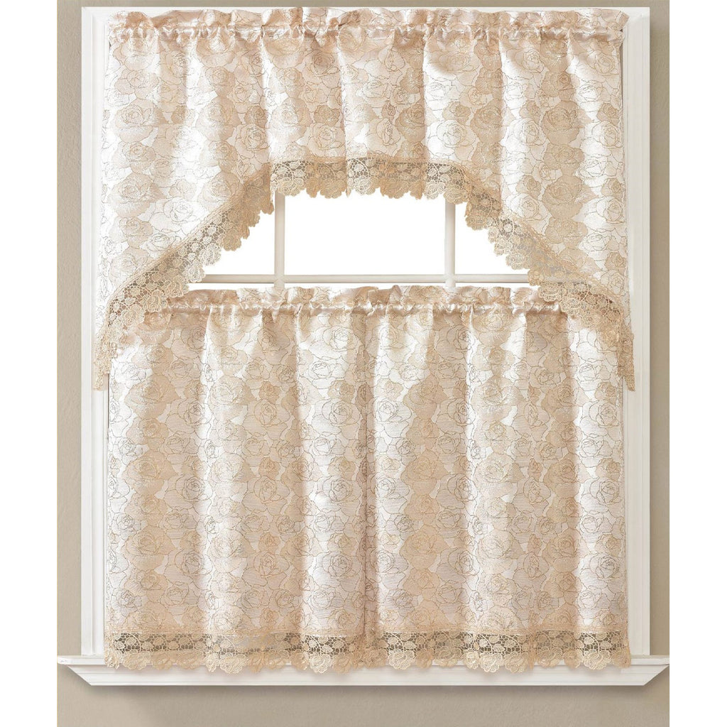 Sara 3 Piece Embroidered Kitchen Curtain Set, Gold-Gold, Swag 60x36, T ...