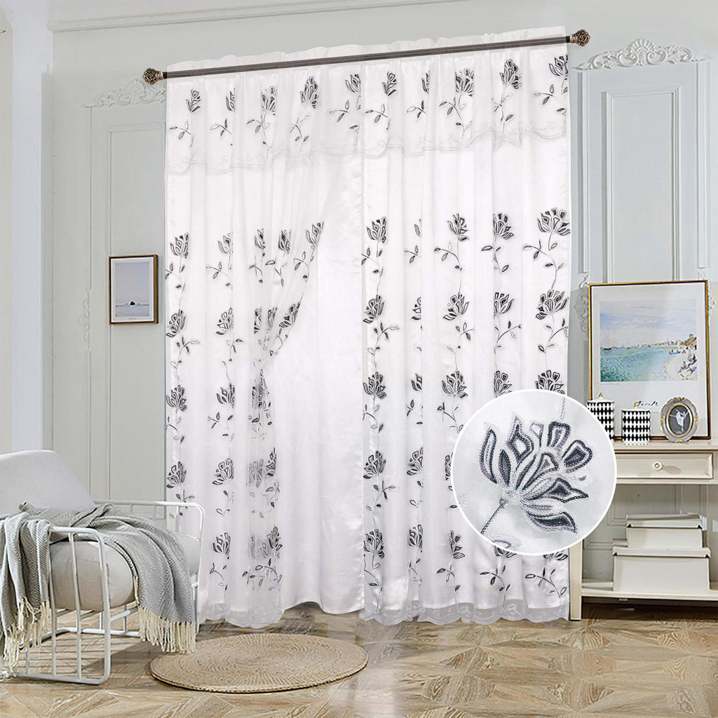 Yasmin Embroidered Window Curtain Panel with Attached Valance and Back ...