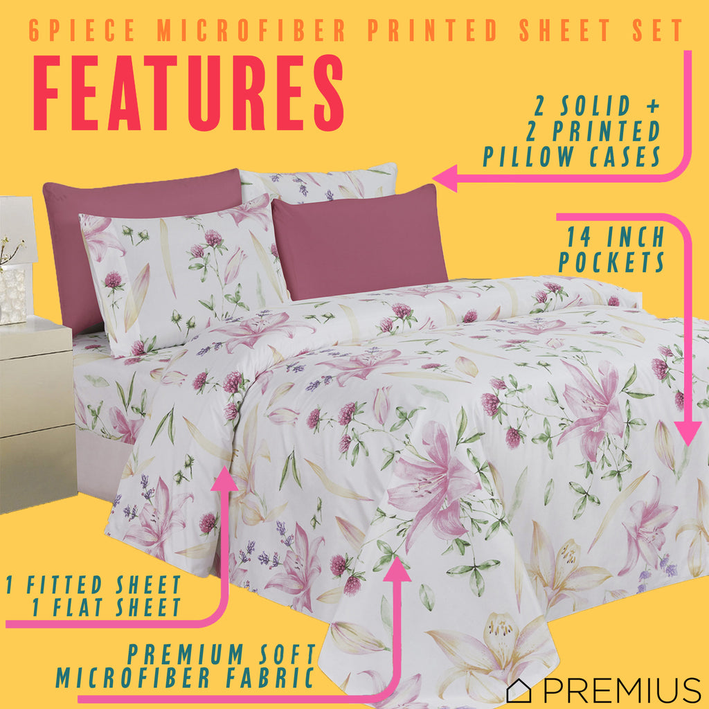 PREMIUS Premium Amari 4 & 6 Piece Microfiber Printed Wrinkle-Free Shee ...