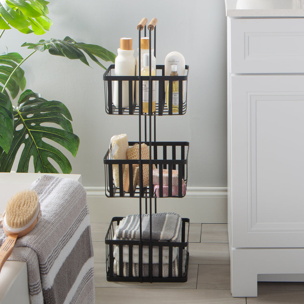 Simplify 3 Tier Metal Spa Tower with Bamboo Handles in Black – ShopBobbys
