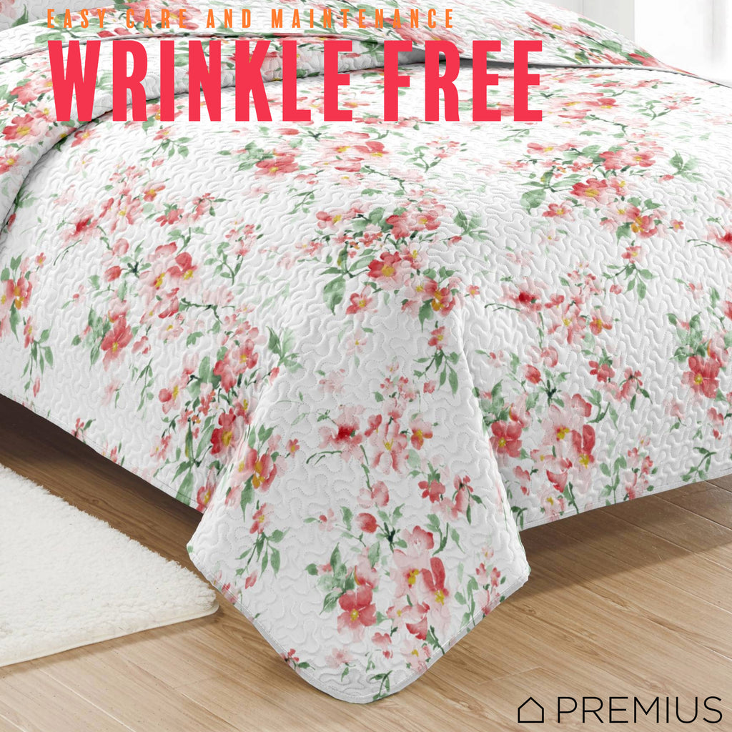 PREMIUS Jennifer 3 Piece Microfiber Wrinkle-Free Quilt Set, White-Red ...