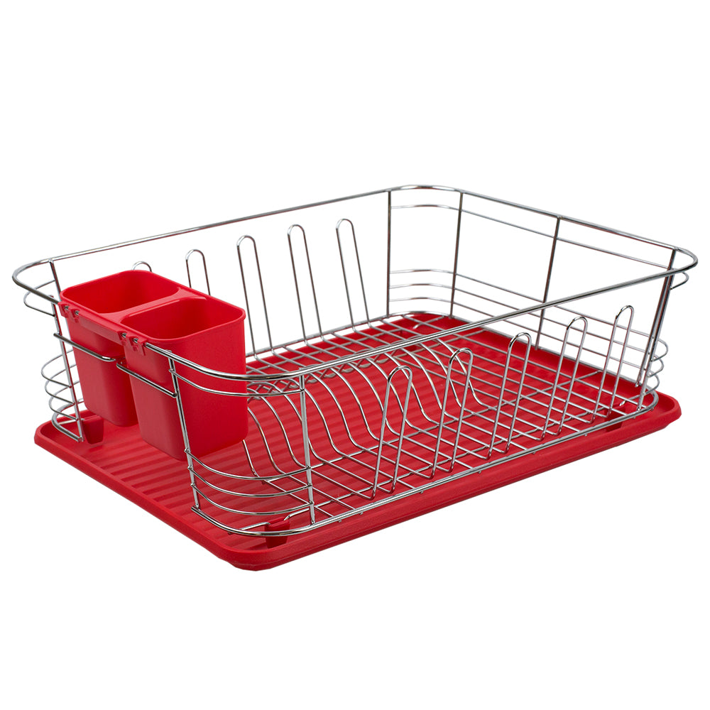 Home Basics 3 Piece Chrome Plated Steel and Plastic Dish Rack, Red ...