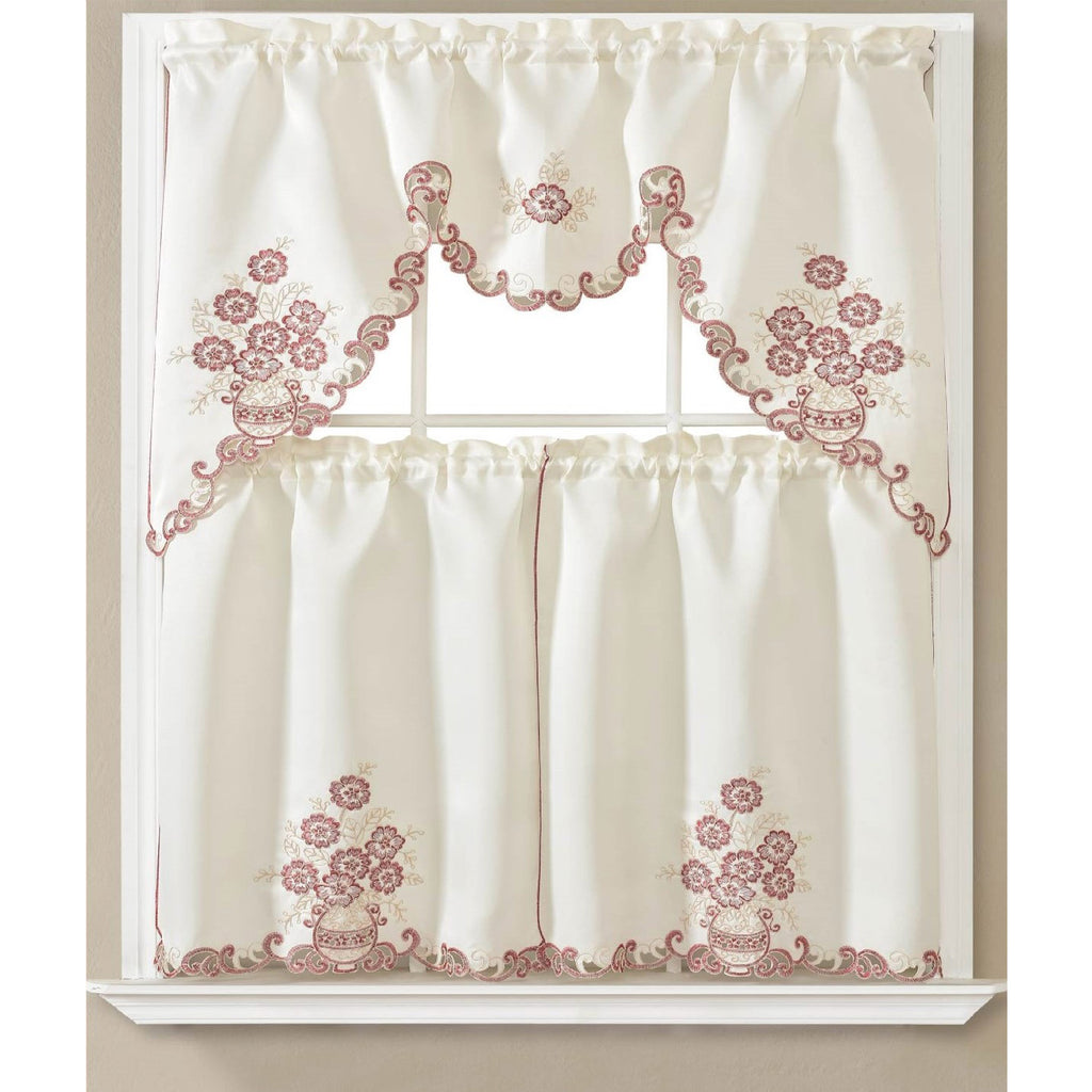 Lucy 3 Piece Embroidered Kitchen Curtain Set, Beige-Burgundy, Swag 60x ...