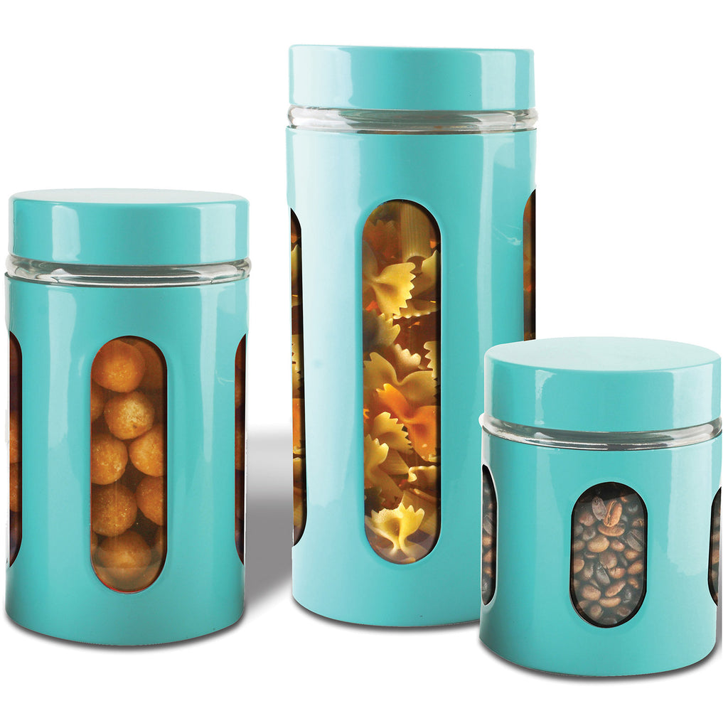 Premius Airtight 3-Piece Kitchen Glass Canister Set, Turquoise Blue ...
