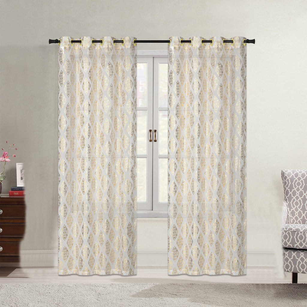 Karson Damask Foil Printed Sheer Grommet Window Panel, 54x84 Inches ...