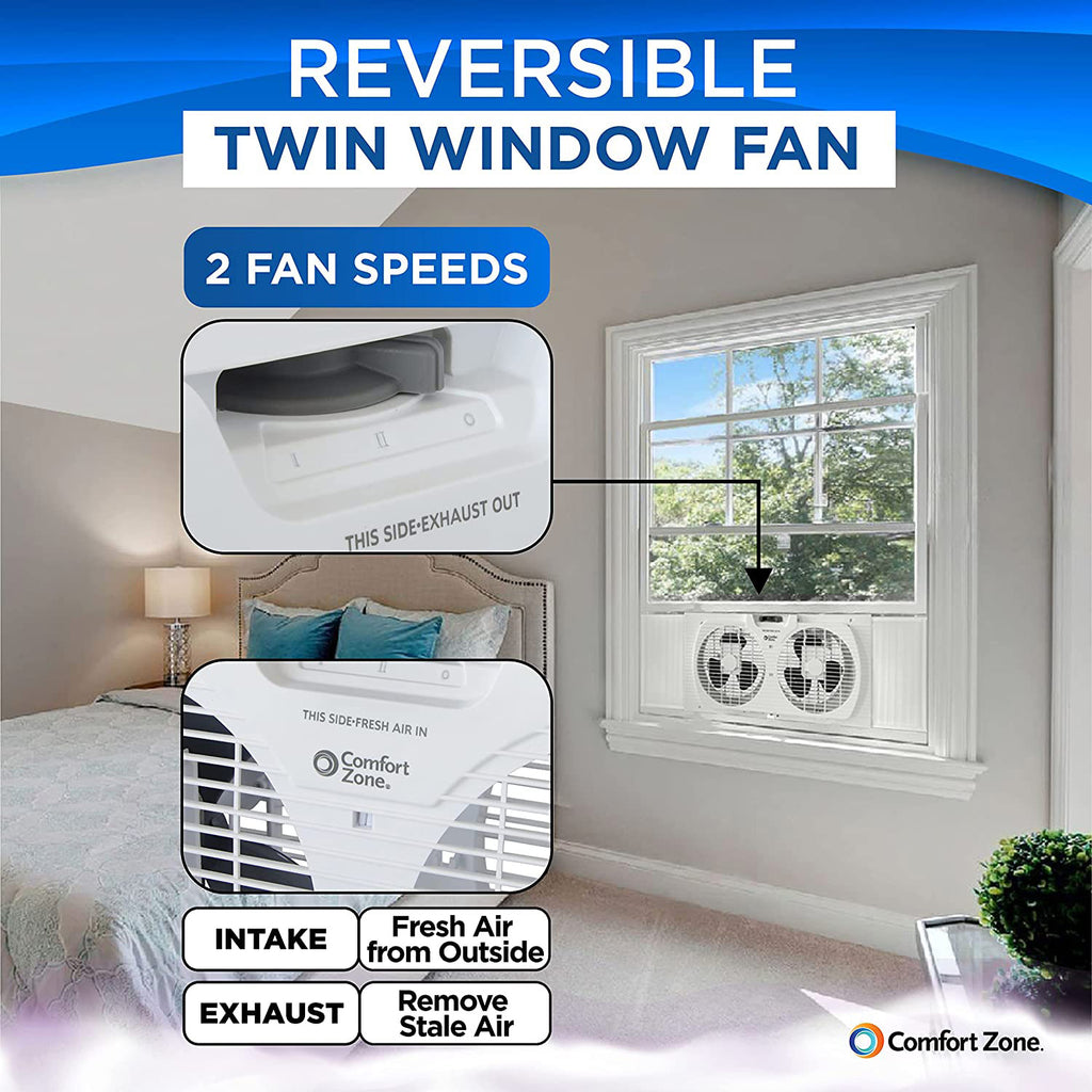 Comfort Zone Twin Window Fan with Reversible Airflow, 7 Inch Blade, Wh ...