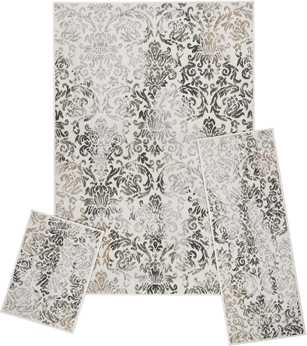 Capri 3-Piece Bayalage Distressed Damask Design Rug Set, White-Gray, 5 ...