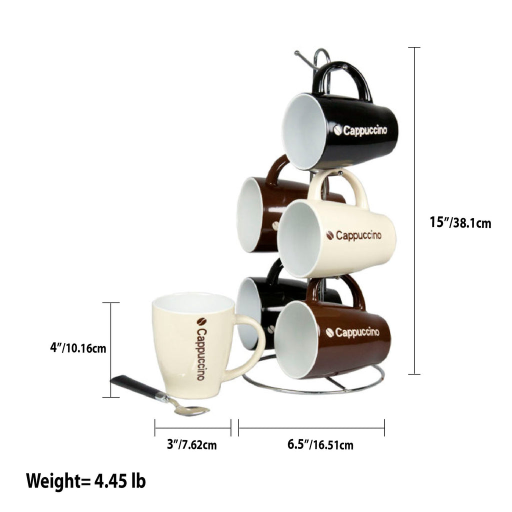 Home Basics 6-Piece Ceramic Mug Set With Stand, Cappuccino – ShopBobbys